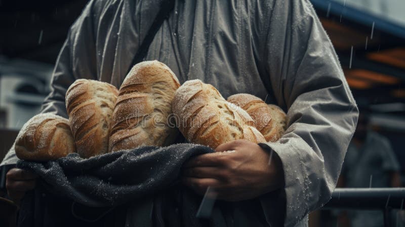 Man Holding Bread Standing Near Mill and Sacks of Flour. Flour ...