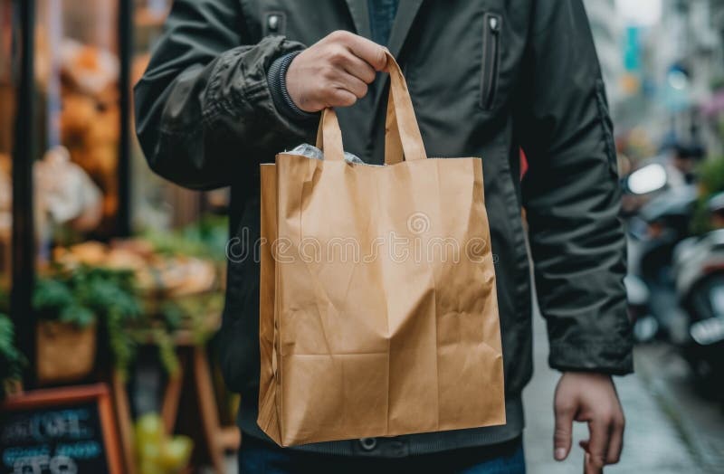 A Man is Holding a Brown Paper Bag in Front of Customers Stock Image ...