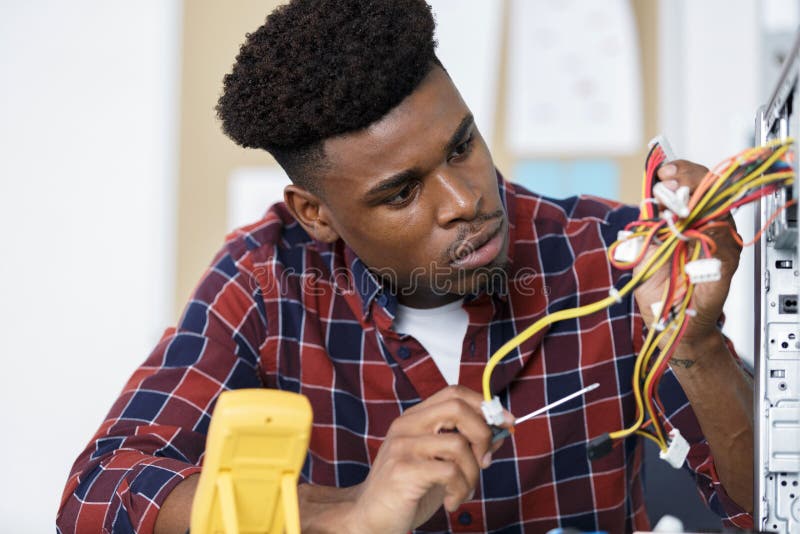 Man holding cables in hand stock photo. Image of chip - 245861006