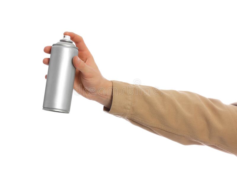 Man Holding Can of Spray Paint on White Background, Closeup Stock Photo ...