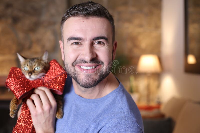 Man Holding Cat with Red Ribbon Stock Photo - Image of christmas ...