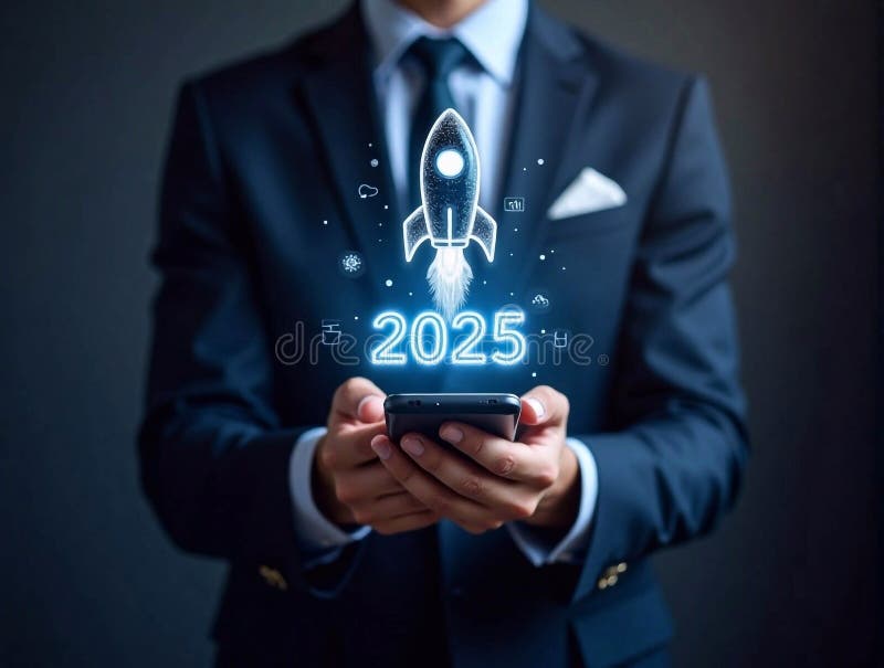 A Man is Holding a Cell Phone with a Rocket on it Stock Illustration ...