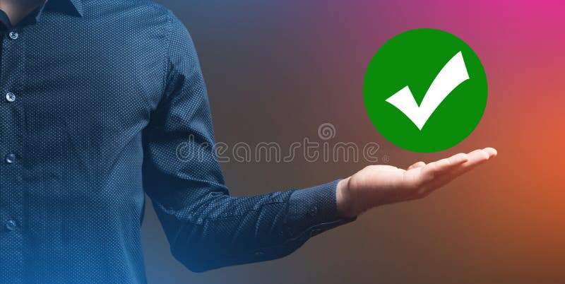 Man Holding a Check Mark Icon in His Hand Stock Photo - Image of right ...