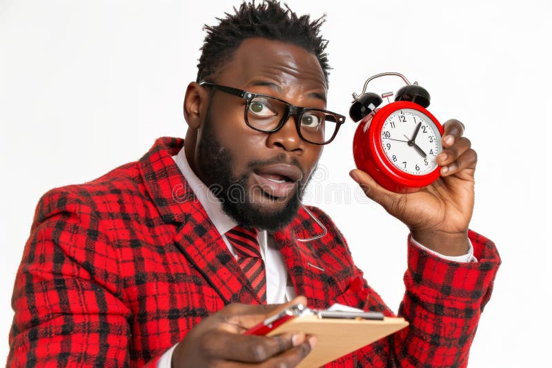 Man Holding a Clock with a Surprised Expression Symbolizing Time ...