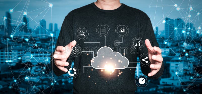 Man Holding Cloud Computing Diagram Show on Hand. Data Storage.Cloud Technology.Secure Backup ...