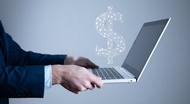 Man Holding Computer with Dollar Signs Stock Image - Image of digital ...