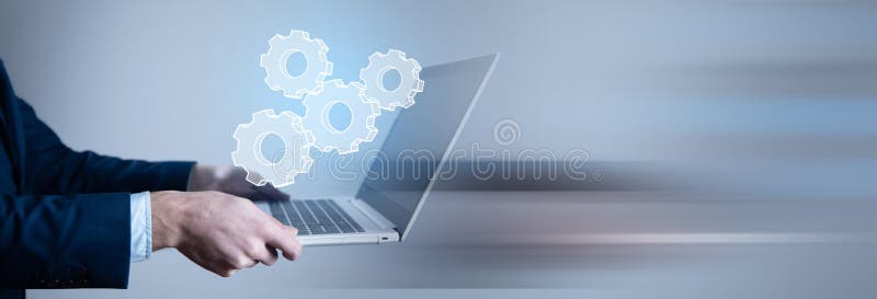 Man Holding Computer with Gear Stock Photo - Image of notebook, digital ...