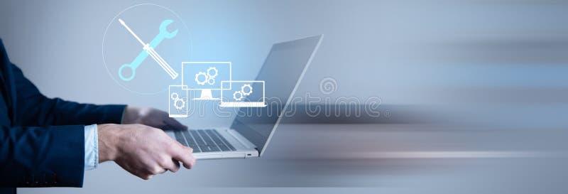 Man Holding Computer with Repair Icon Stock Image - Image of business ...