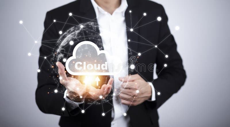 Man Holding Connect To Data Information on the Cloud Computing ...