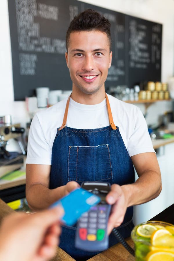 Man Holding Credit Card Reader at Cafe Stock Image - Image of bank ...