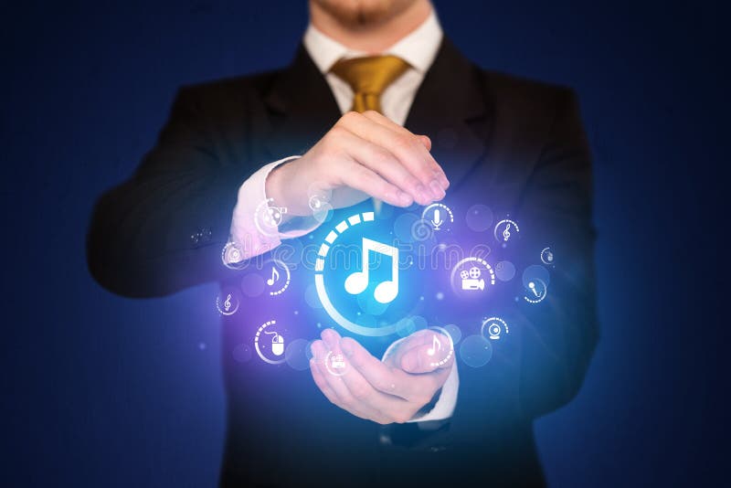 Man Holding Digital Multimedia Icons Stock Photo - Image of marketing ...