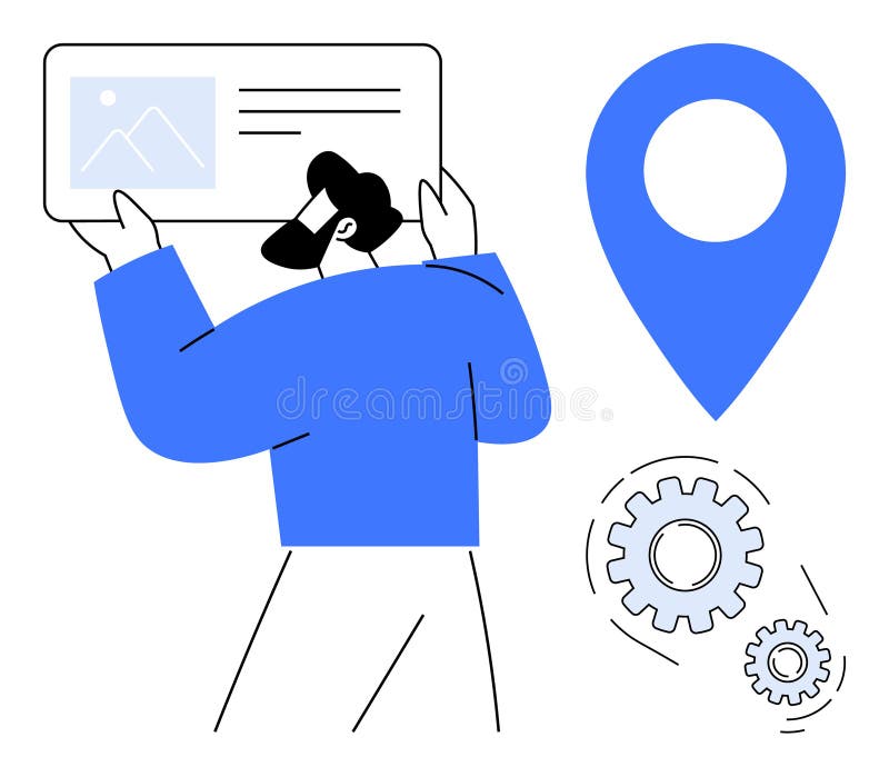 Man Holding a Document beside Location Pin and Gears Signifying ...