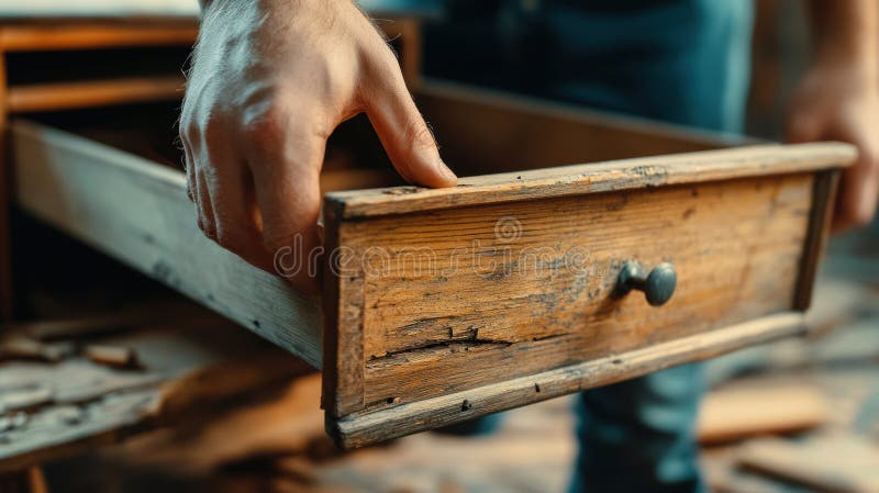 A Man Holding a Drawer in His Hand while Working on Something, AI Stock ...