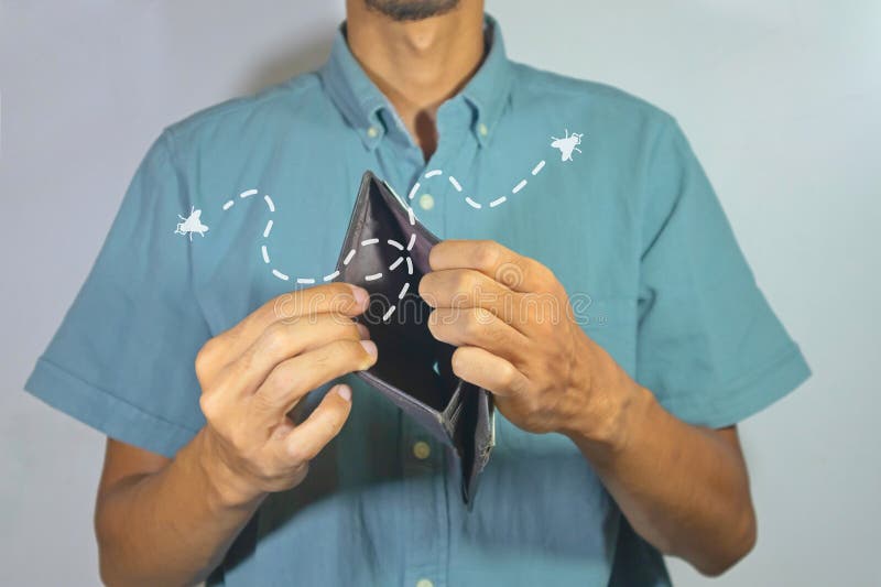 Man Holding an Empty Wallet with Flies Flying Around. Bankrupt or the ...