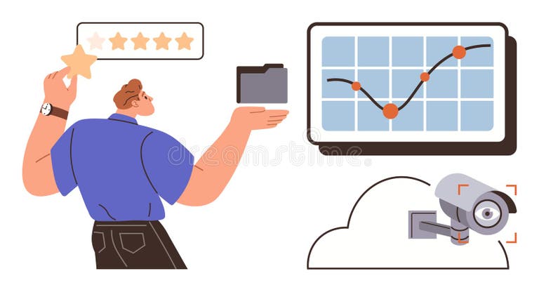 Man Reviewing Data Charts, File Management, Security Camera Cloud ...
