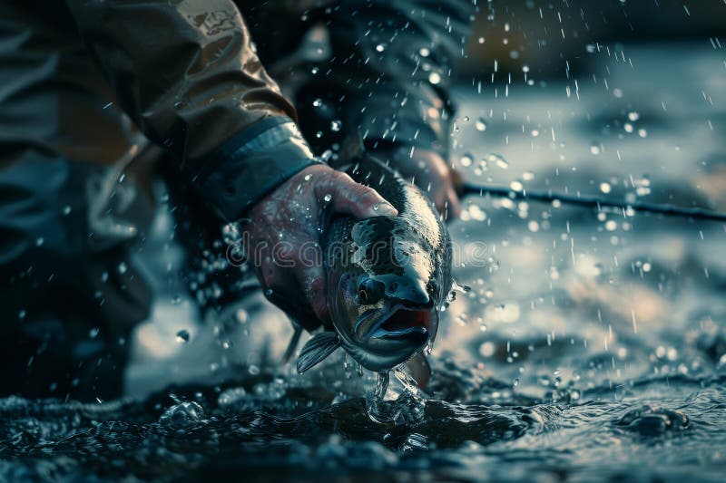 A Man is Holding a Fish in His Hand while it is Being Caught Stock ...