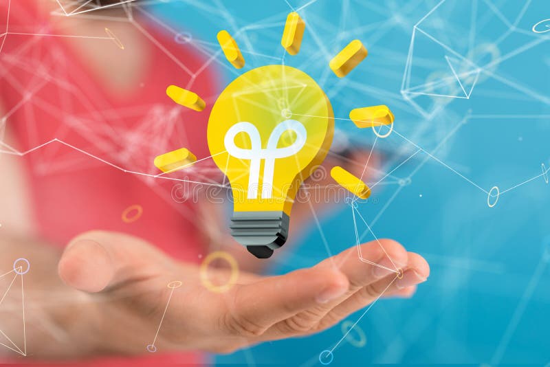 Man Holding a Floating 3D Rendering of a Yellow Light Bulb Stock Photo ...