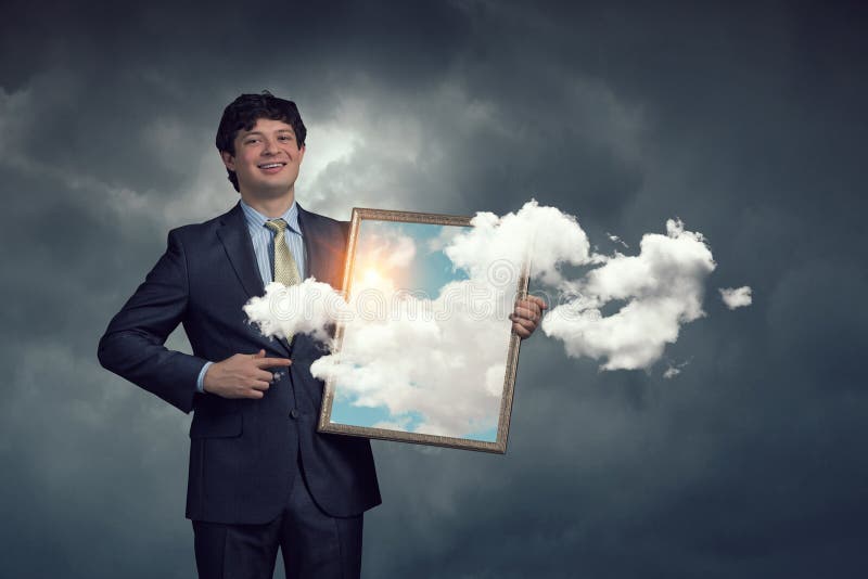 Man Holding Frame with Blue Sky and Clouds . Mixed Media Stock Photo - Image of heaven, summer ...