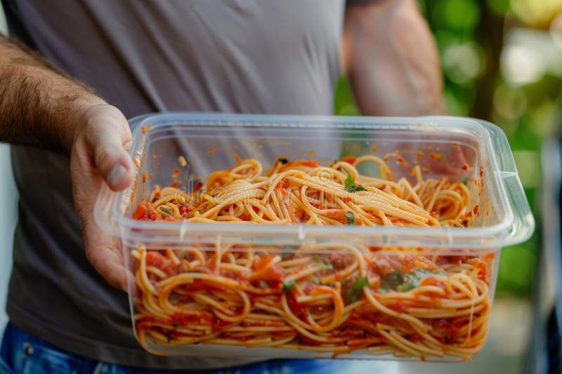Man Holding a Full Container of Leftover Spaghetti Stock Illustration ...