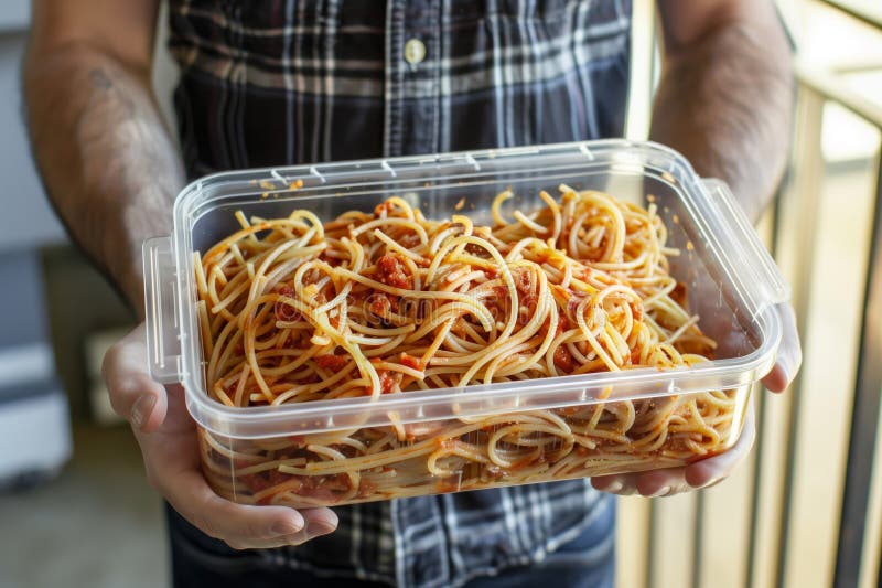 Man Holding a Full Container of Leftover Spaghetti Stock Illustration ...