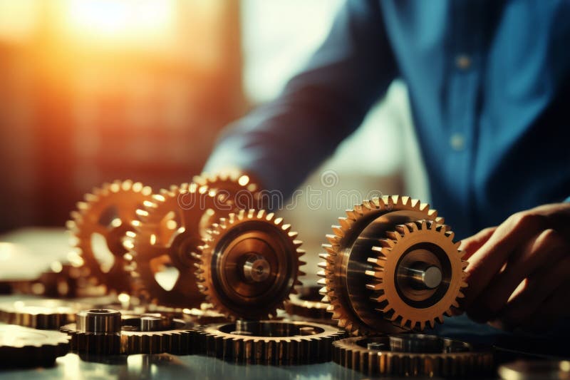 Man Holding Gear in Hands. Teamwork Metallic Silver Equipment ...