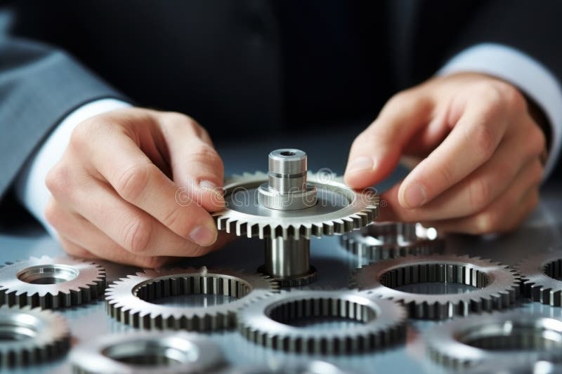 Man Holding Gear in Hands. Teamwork Metallic Silver Equipment ...