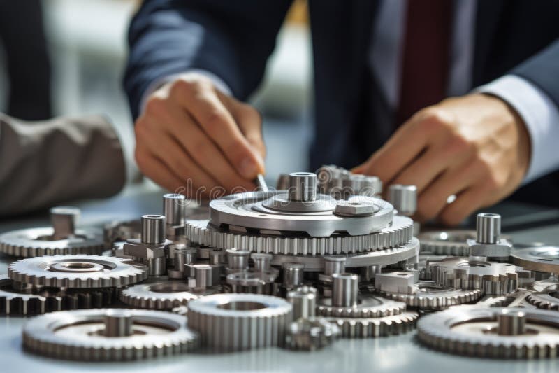Man Holding Gear in Hands. Teamwork Metallic Silver Equipment ...