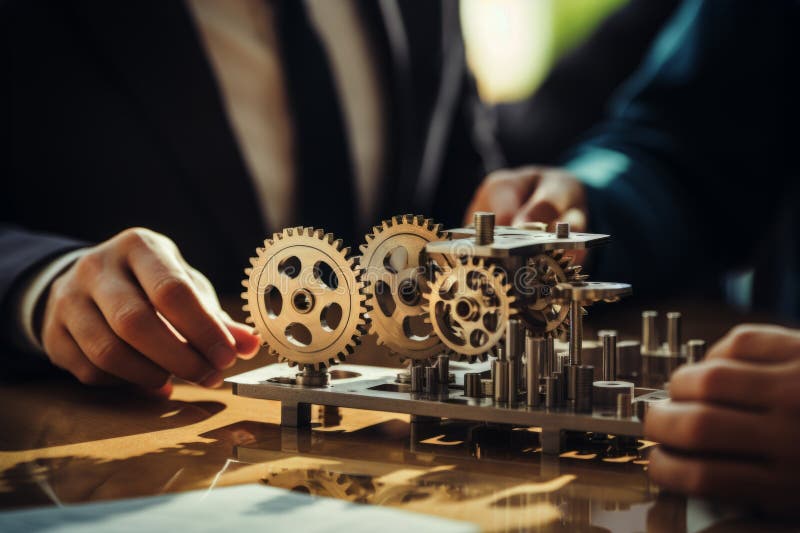 Man Holding Gear in Hands. Teamwork Metallic Silver Equipment ...