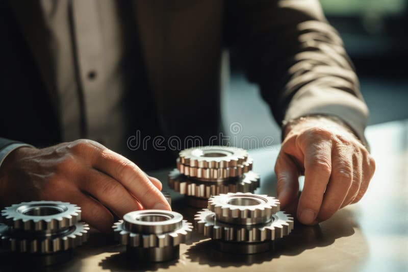 Man Holding Gear in Hands. Teamwork Metallic Silver Equipment ...