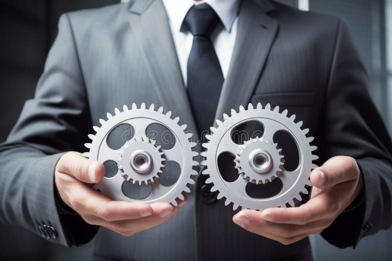 Man Holding Gear in Hands. Teamwork Metallic Silver Equipment ...