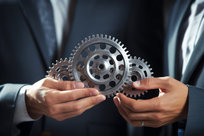 Man Holding Gear in Hands. Teamwork Metallic Silver Equipment ...