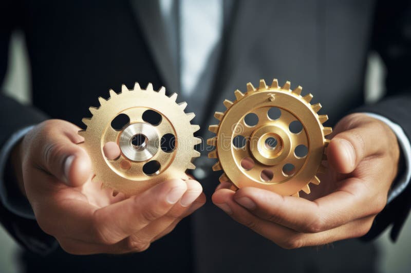 Man Holding Gear in Hands. Teamwork Metallic Silver Equipment ...