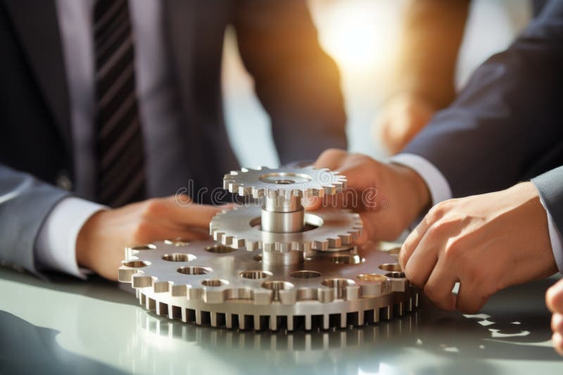 Man Holding Gear in Hands. Teamwork Metallic Silver Equipment ...