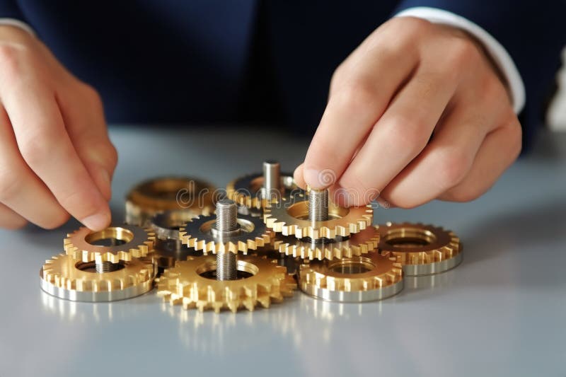 Man Holding Gear in Hands. Teamwork Metallic Silver Equipment ...