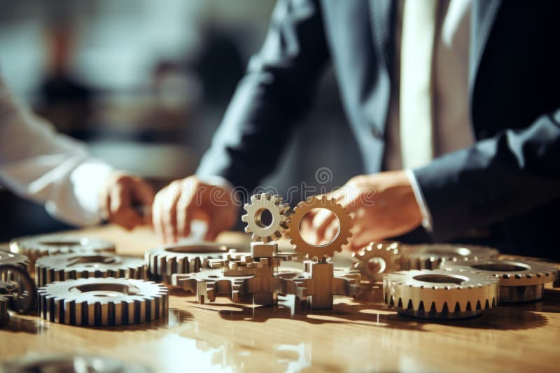 Man Holding Gear in Hands. Teamwork Metallic Silver Equipment ...