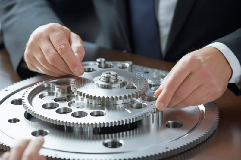 Man Holding Gear in Hands. Teamwork Metallic Silver Equipment ...