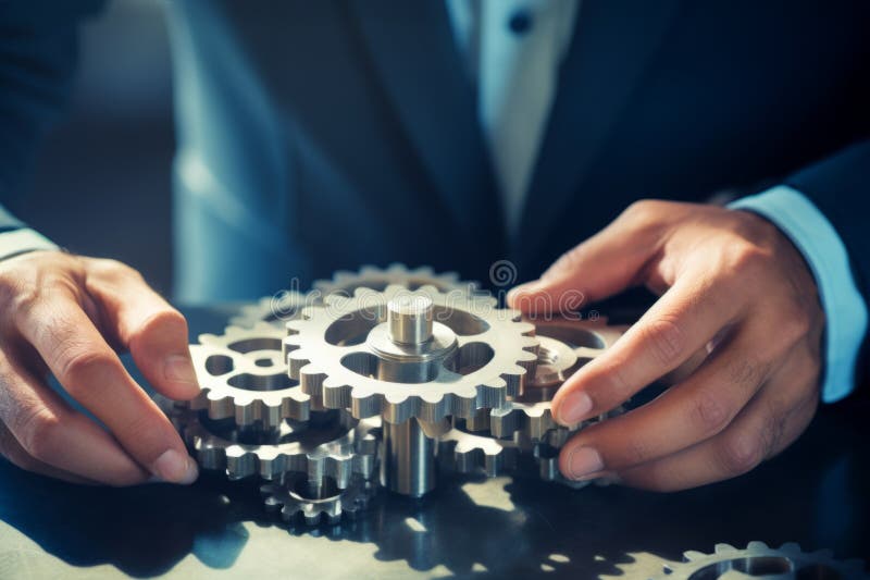 Man Holding Gear in Hands. Teamwork Metallic Silver Equipment ...
