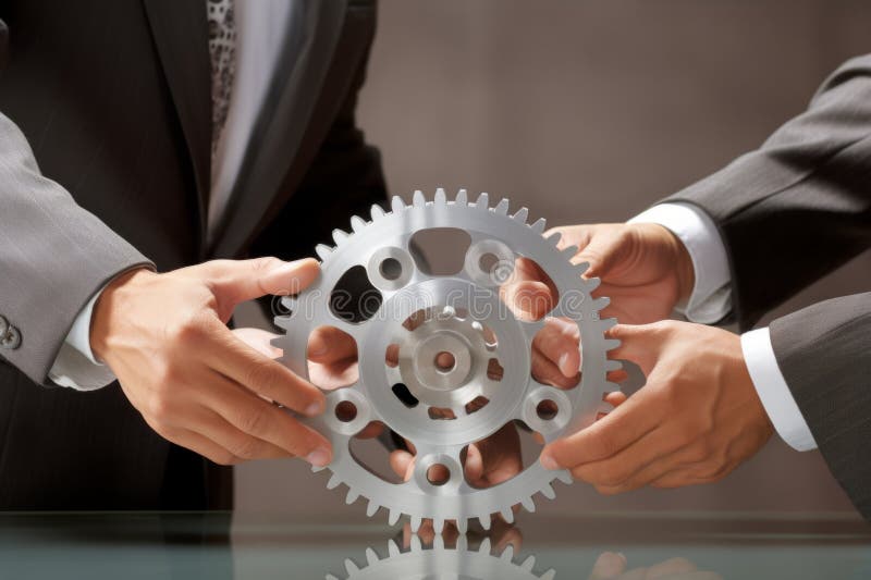 Man Holding Gear in Hands. Teamwork Metallic Silver Equipment ...