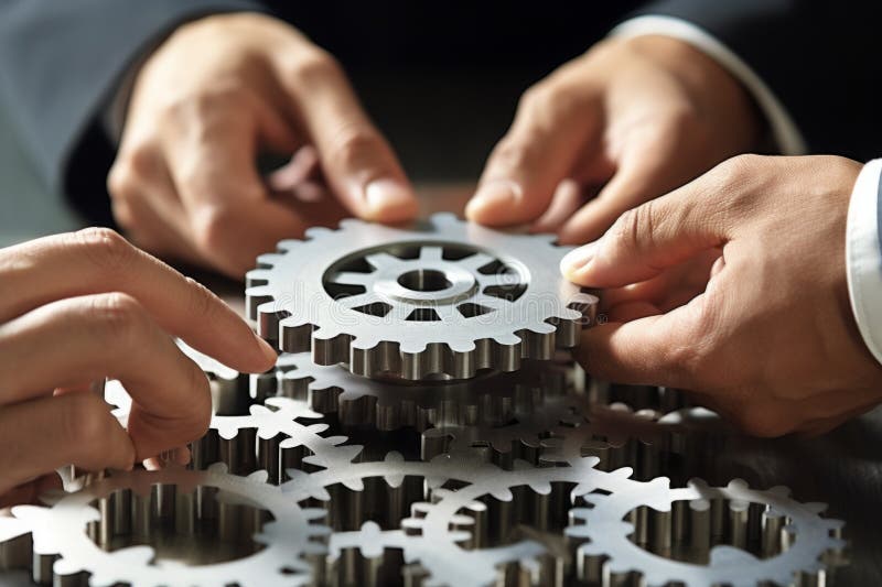 Man Holding Gear in Hands. Teamwork Metallic Silver Equipment ...