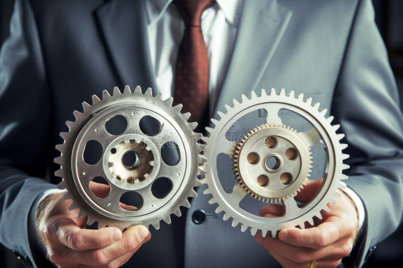 Man Holding Gear in Hands. Teamwork Metallic Silver Equipment ...