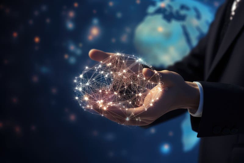 Man Holding a Global Network Concept in His Hands. 3D Rendering, Close ...