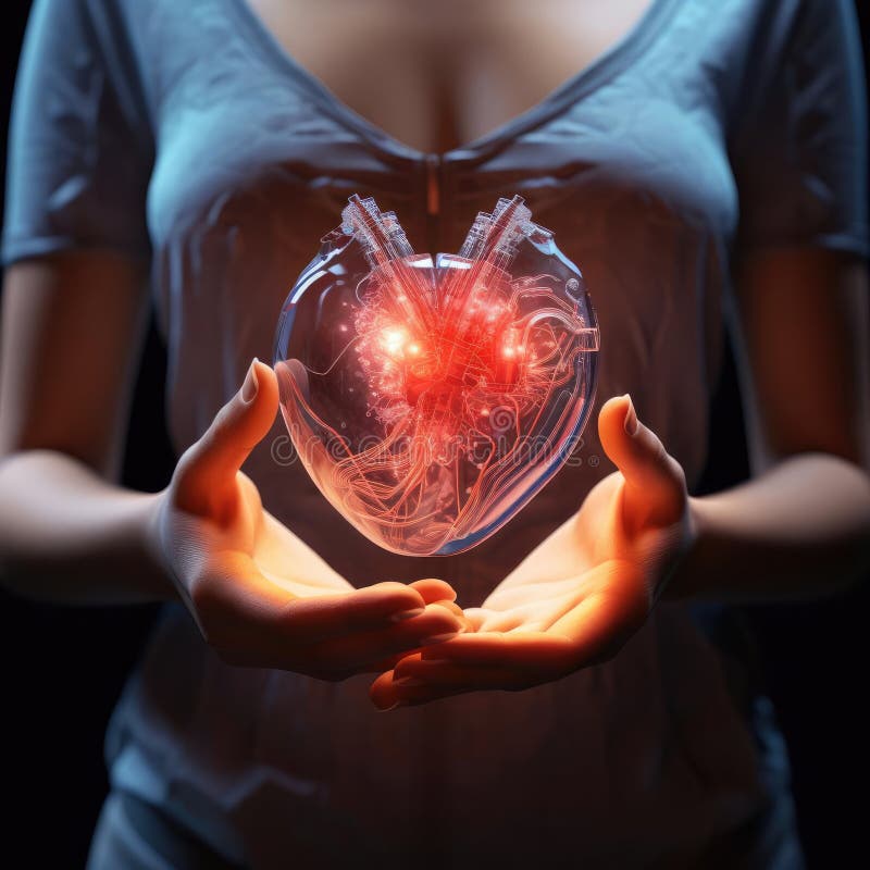 Man Holding Glowing Artificial Heart Stock Photo - Image of digital ...