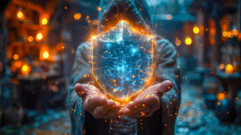 A Man is Holding a Glowing Blue and Orange Shield in His Hands ...