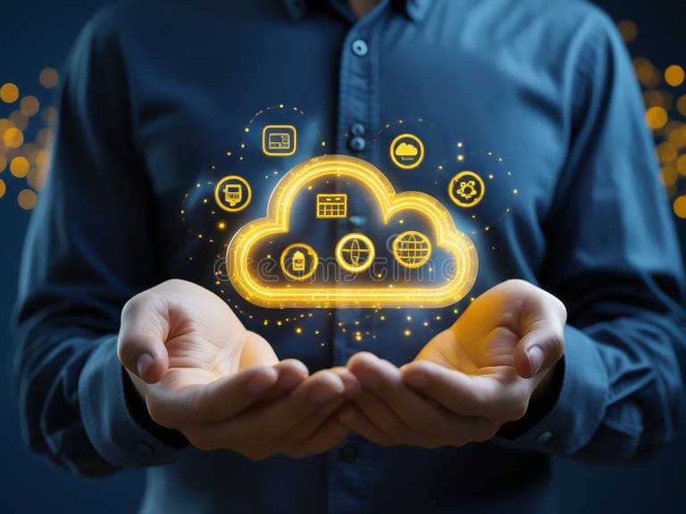 Man Holding Glowing Cloud Computing Icon with Tech Symbols Stock Photo ...