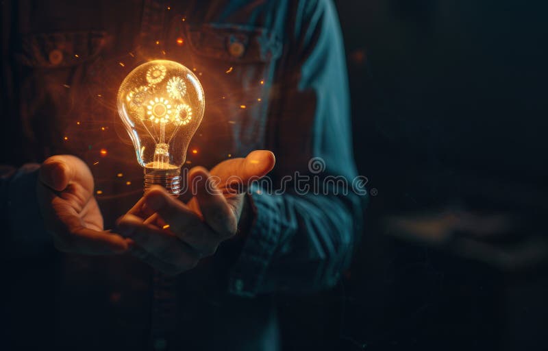 Man Holding Glowing Light Bulb with His Hand on Table, New Idea and ...