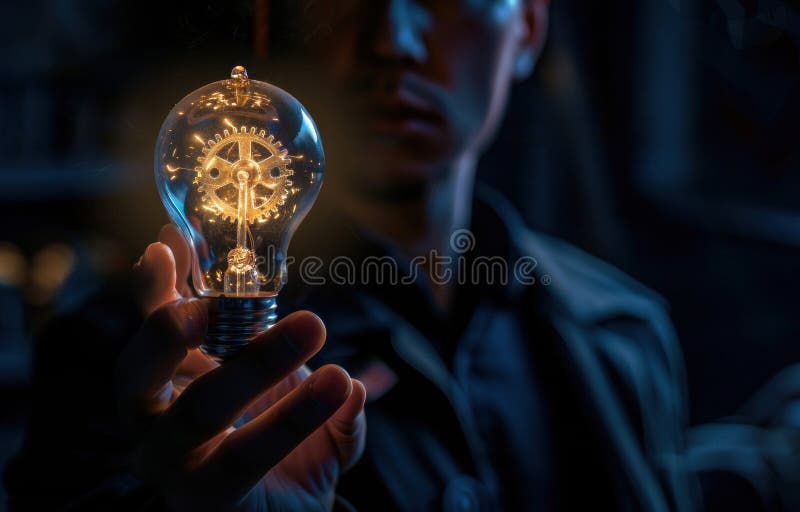 Man Holding Glowing Light Bulb with His Hand on Table, New Idea and ...