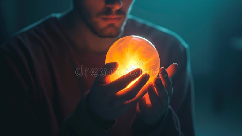 Man Holding a Glowing Orb in a Dark Setting Stock Image - Image of ...