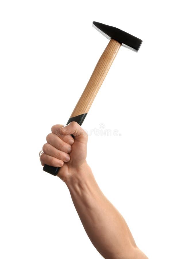 Man Holding Hammer Isolated on White Stock Photo - Image of hold ...