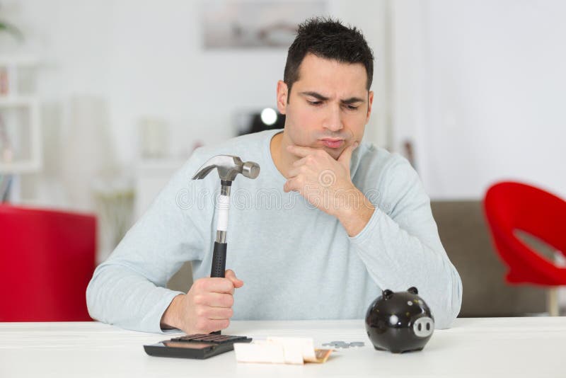 Man Holding Hammer Thinking Breaking Piggy Bank Stock Photo - Image of ...