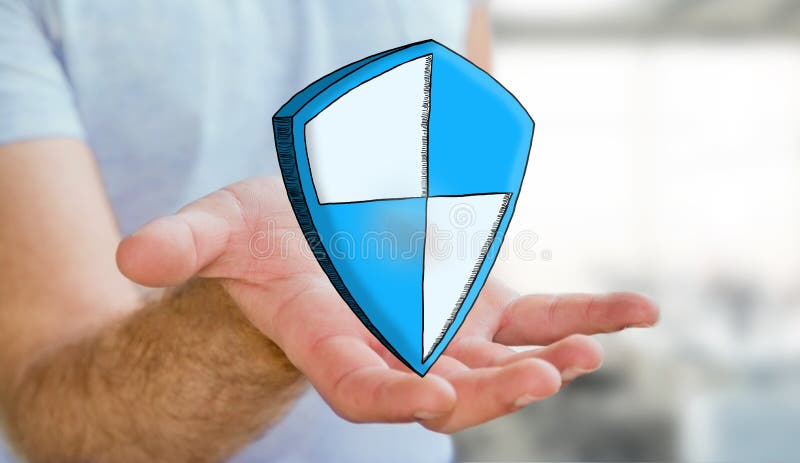 Man Holding Hand Drawn Shield Safe Protection Icon Stock Illustration ...